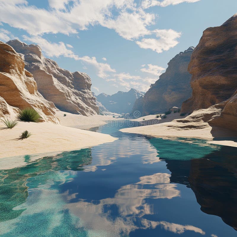 Desert Canyon River Scenic Landscape Stock Illustration - Illustration of turquoise, golden ...