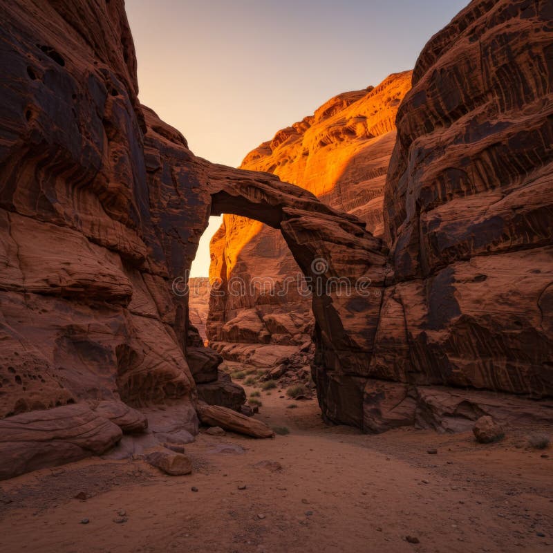 Desert Canyon with Stone Arch at Sunset Stock Illustration - Illustration of formation, stone ...