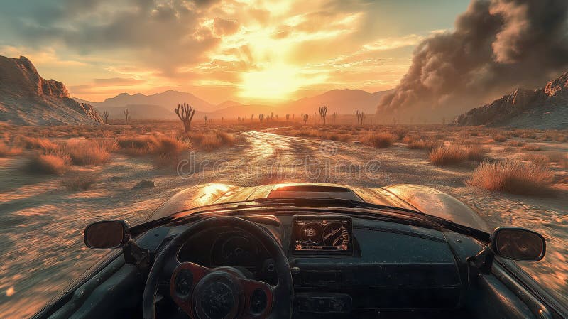 Desert Car Drive at Sunset with Dusty Road and Dramatic Sky Stock Image ...