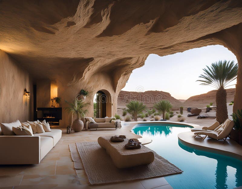 Desert Cave Villa with Luxury Oasis Stock Image - Image of design ...
