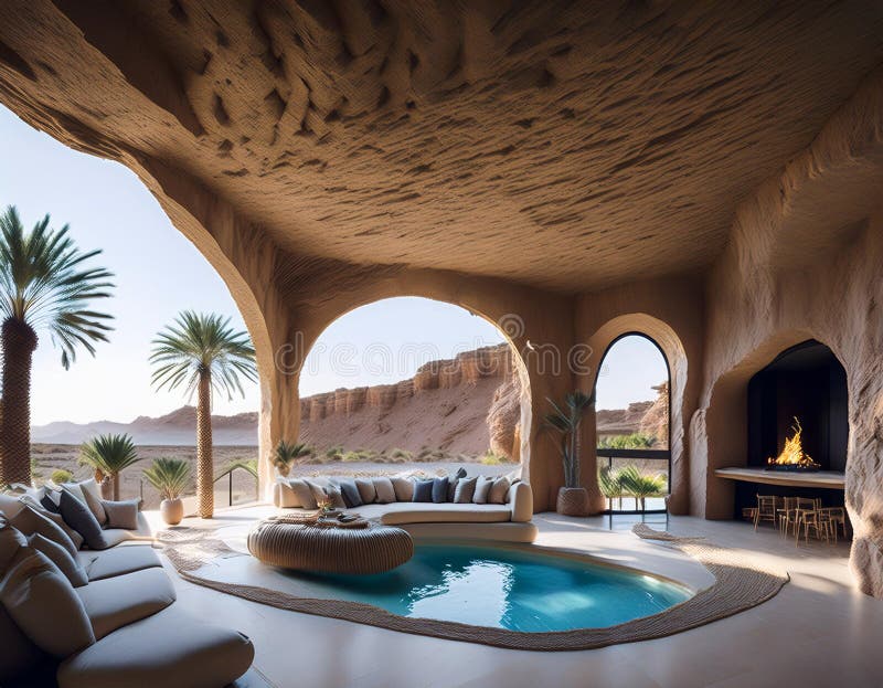 Desert Cave Villa with Luxury Oasis Stock Image - Image of aesthetics ...