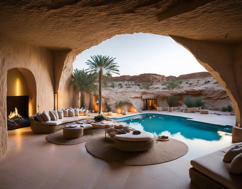 Desert Cave Villa with Luxury Oasis Stock Image - Image of expensive, hotel: 348434949