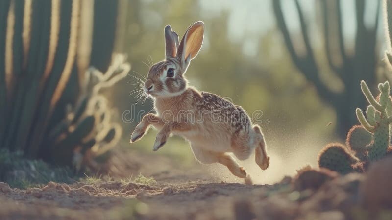 Desert Cottontail Rabbit Running through Sand and Cactus Stock ...