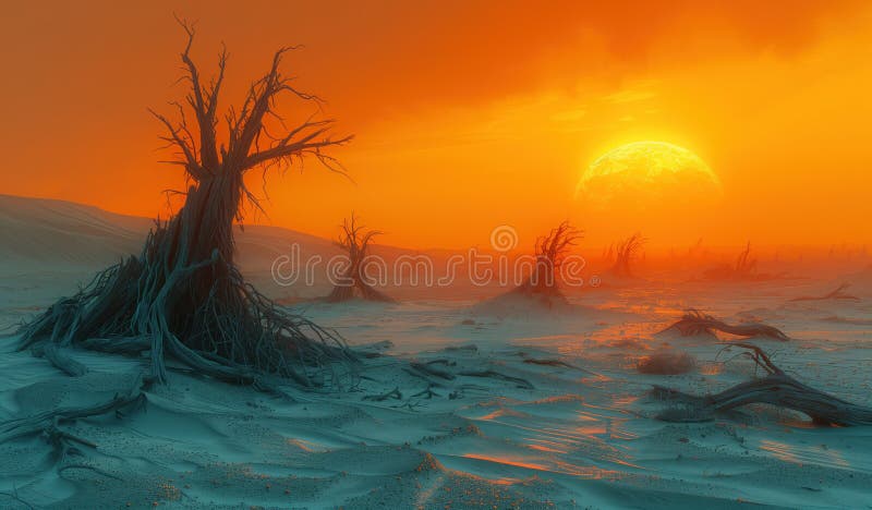 Desert with Dead Trees at Night Against a Dramatic Red Moon Rise Stock ...