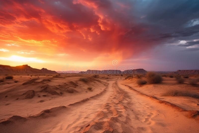 Desert with Dramatic Sunset, the Sky Ablaze with Stunning Colors Stock ...