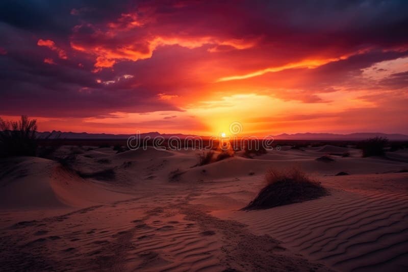 Desert with Dramatic Sunset, the Sky Ablaze with Stunning Colors Stock ...