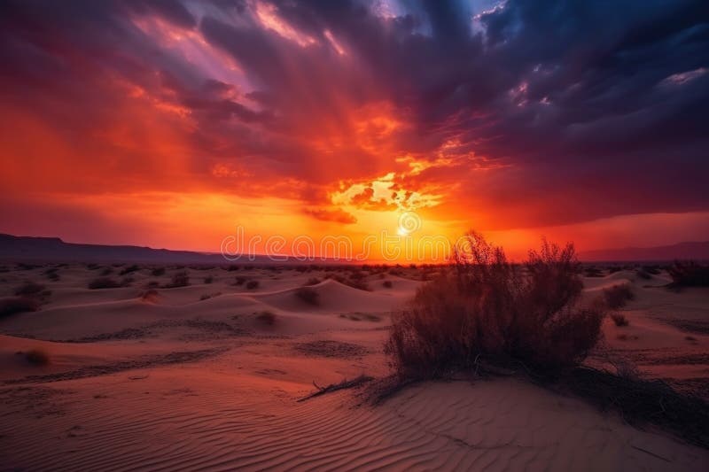 Desert with Dramatic Sunset, the Sky Ablaze with Stunning Colors Stock ...