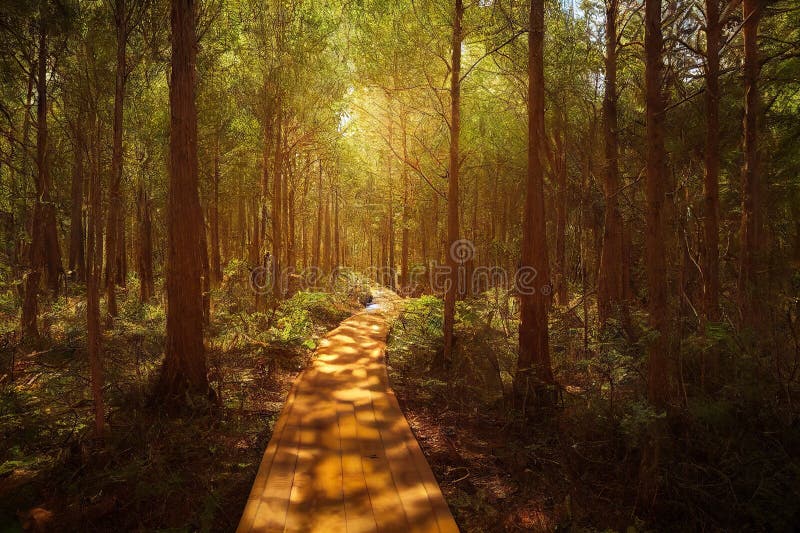 Desert Duckboards Path in Forest and Rays of Sun Breaking through Trees ...