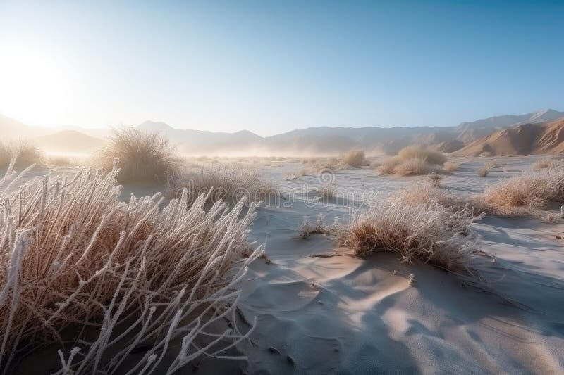 Desert Dunes Covered in Frost during Cold Winter Morning Stock ...