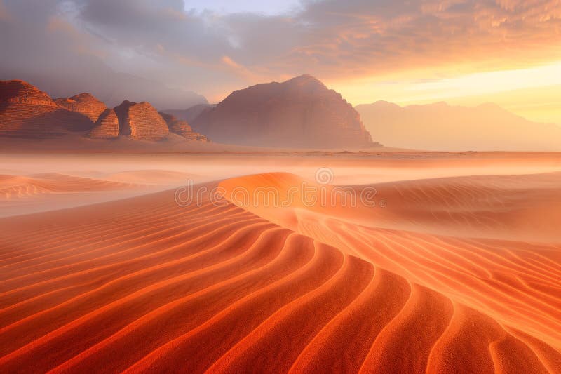 Desert Dunes and Mountain Range Under the Setting Sun, Offering ...