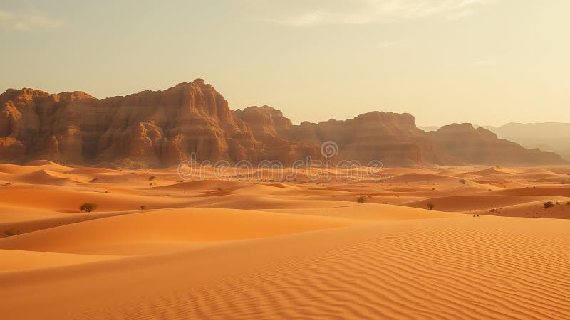 Desert Dunes with Sandstone Cliffs Under a Soft Sunlight Stock Photo ...