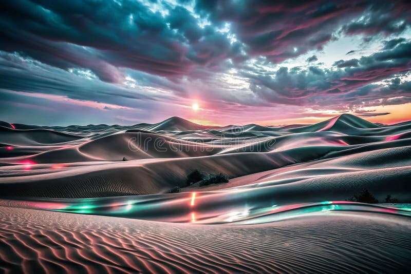 Desert Dunes Sunset, Dramatic Sky, Spectral Reflections Stock ...