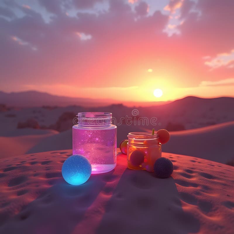 Desert Dusk Delight Vibrant Objects in Stunning Backdrop Stock ...