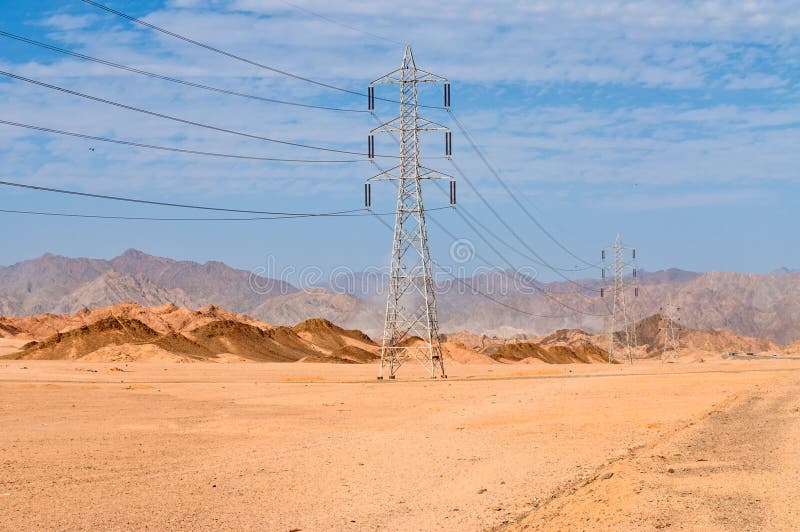 Electricity Pylons In Sand Desert Stock Image - Image of landscape ...