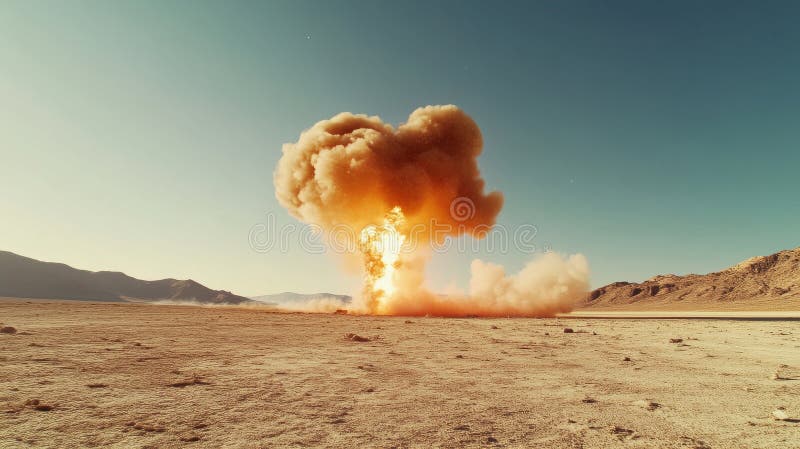 Desert Explosion with Mushroom Cloud Rising Under Clear Sky, Dramatic ...