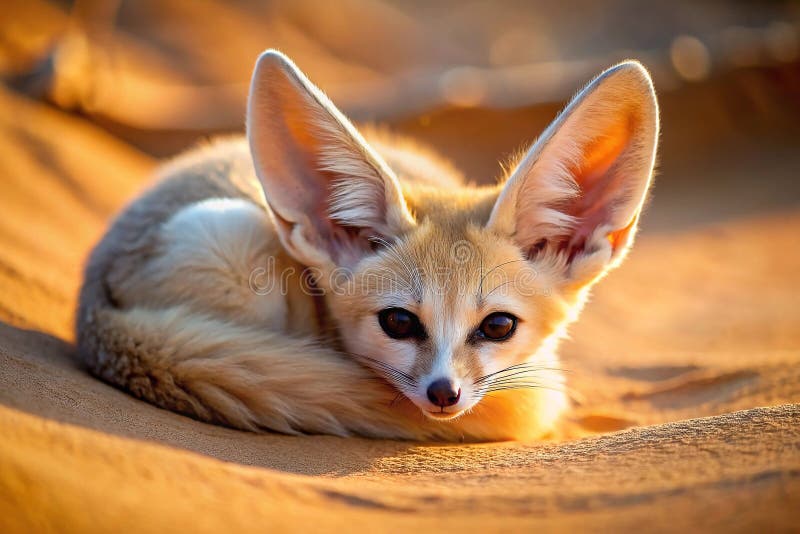 Desert Fennec Fox Resting in Golden Sand Dunes Stock Illustration ...