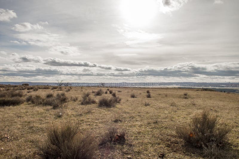 Desert Field Landscape and Cloudy Sky Stock Photo - Image of cloudy ...