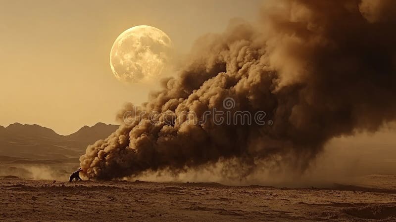 Desert Fire Smoke Moon Landscape, Person Tending Flames Stock Image ...