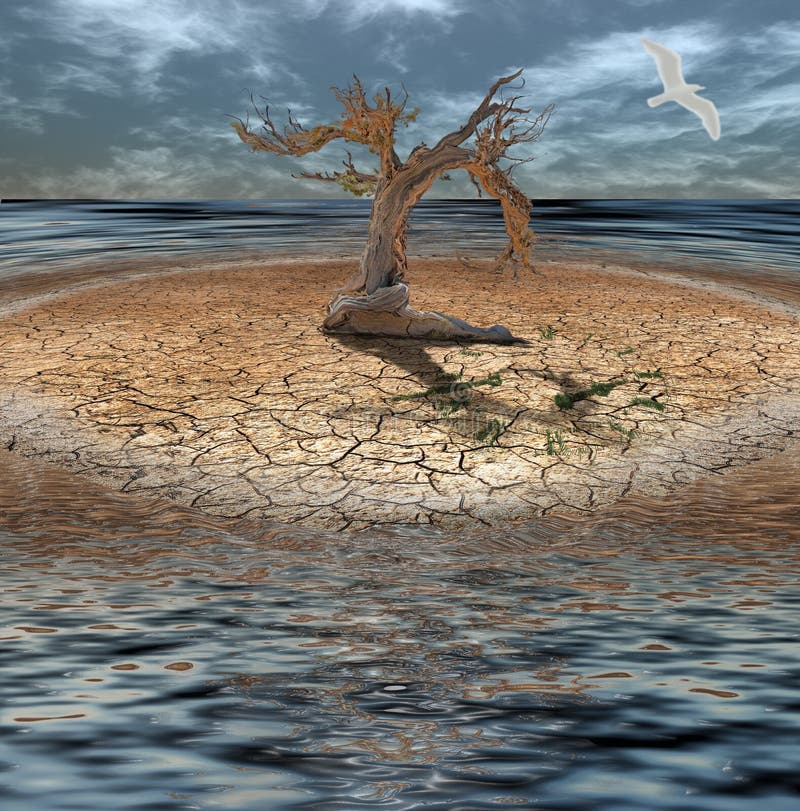 Desert Flood Island with Dead Tree and Clock Grass Stock Illustration ...