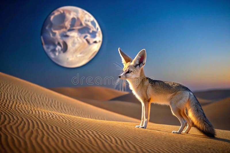 Desert Fox Stands Watchful, Moon, Earth, Dunes Stock Illustration ...