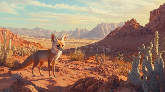 Desert Fox at Sunset in Rocky Landscape Stock Illustration ...