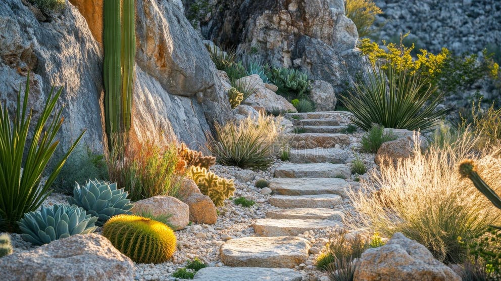 Desert Garden Stone Pathway with Cactus Plants Stock Illustration ...