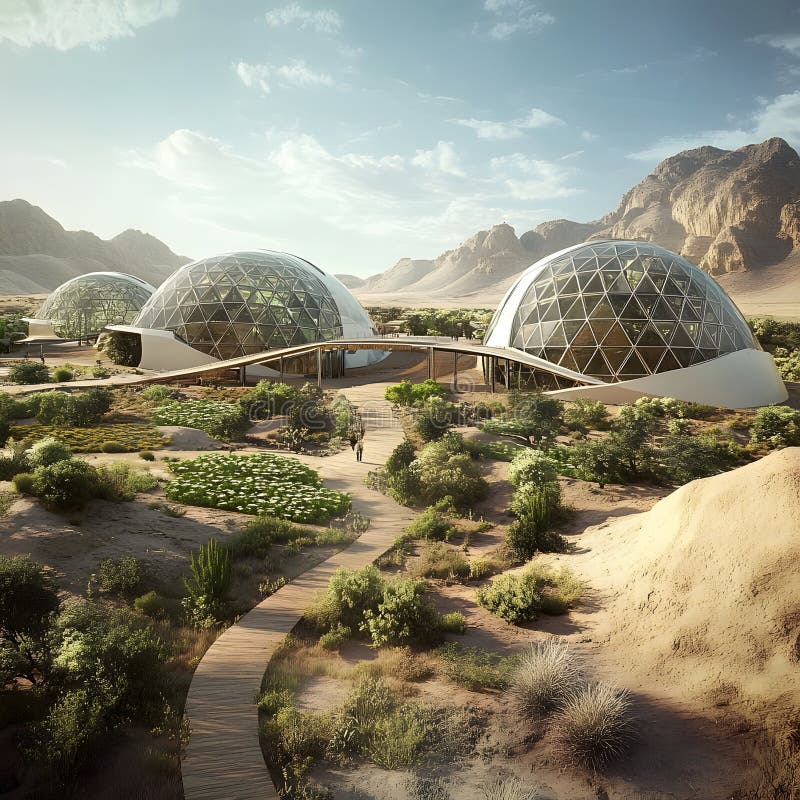 Desert Geodesic Domes and Pathways Under Bright Sky Stock Illustration ...