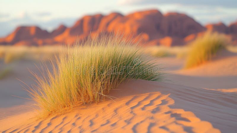 Desert Grass Clump Against Sunset Mountains Stock Illustration ...