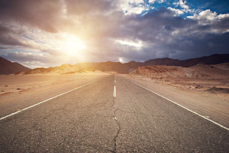 Desert Highway and Mountains at Sunset, Sinai, Egypt Stock Image ...