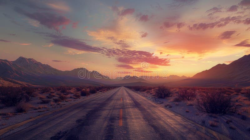 Desert Highway at Sunset with Mountain Range, Serene Atmosphere ...
