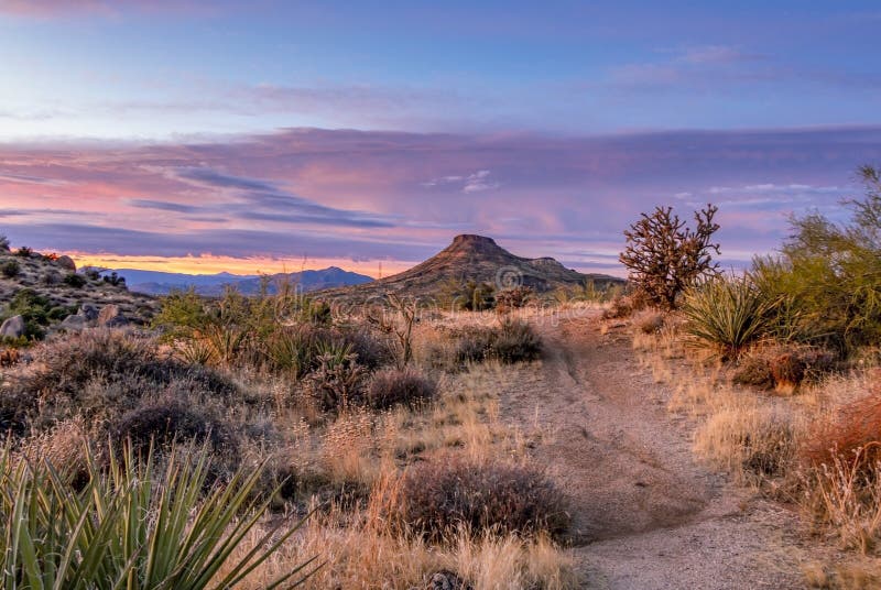Desert Hiking Trail with Butte in Background at Suset Stock Image ...