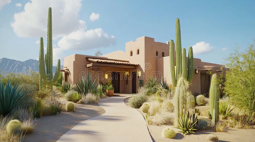 Desert House with Walkway and Cacti Stock Photo - Image of outdoor ...