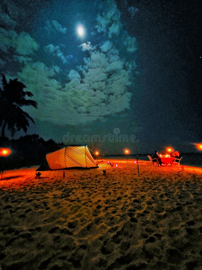 Desert Island Night Have Sleep Tent and Moonlight. Stock Photo - Image ...