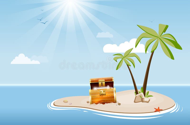 Desert Island with Palm Trees and Treasure Chest Stock Vector ...