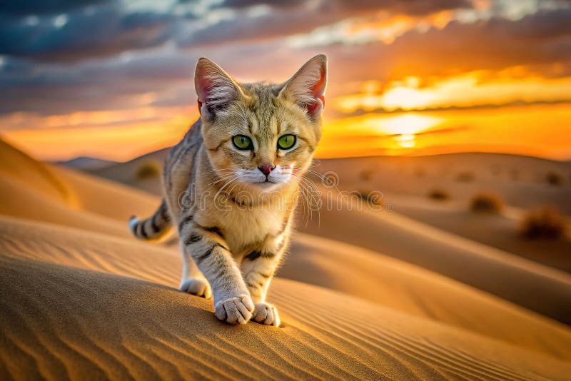 Desert Kitten Strolls at Sunrise Stock Illustration - Illustration of ...