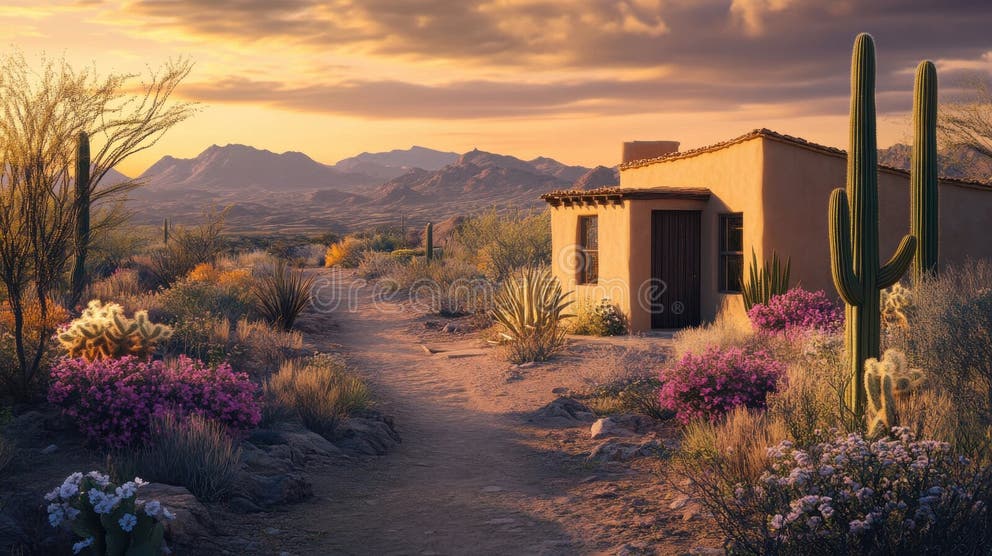 Desert Landscape with Adobe House and Cacti at Sunset, Capturing Desert ...