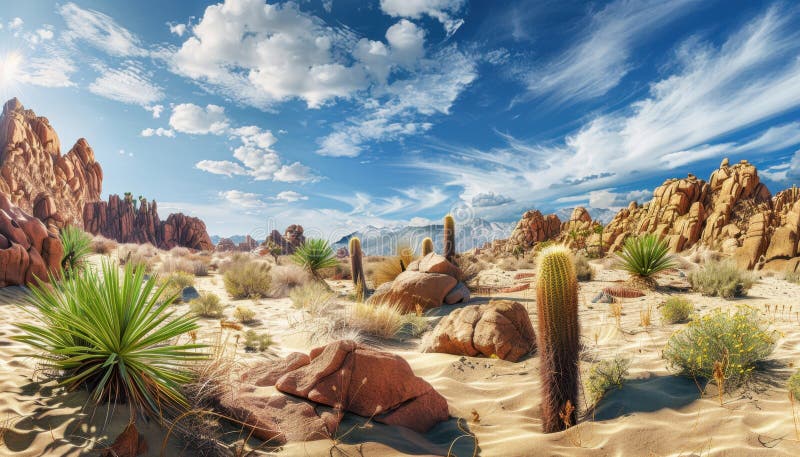 Desert Landscape with Cacti, Rocks, and Dramatic Clouds in Daylight ...