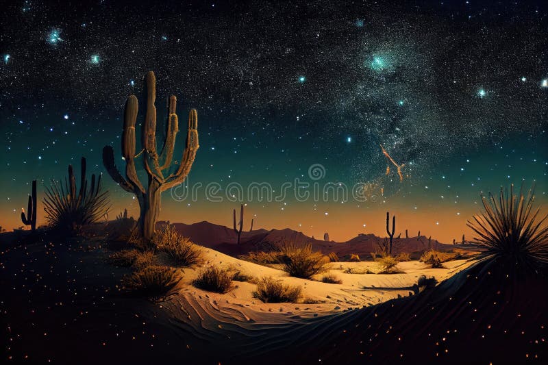 Desert Landscape with Cactus, Sand Dunes, and Starry Night Sky Stock ... Desert Landscape with Cactus, Sand Dunes, and Starry Night Sky Stock ...