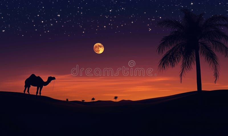 Desert Landscape with Camel, Palm Tree, Moon, Stars Stock Photo - Image ...
