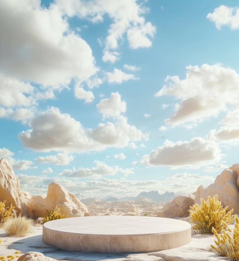 Desert Landscape with Circular Platform Under Blue Sky and Fluffy ...
