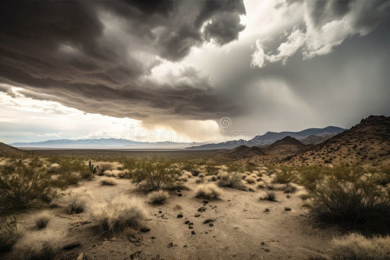 Desert Landscape, with Distant View of Mountain Range and Storm Clouds ...