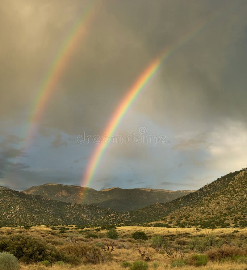 Desert Landscape: Double Rainbow Over Mountains Stock Image - Image of ...