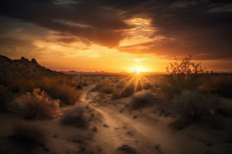 Desert Landscape, with Dramatic Sunrise and Sunset Skies Stock ...
