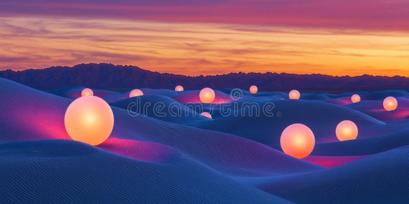A Desert Landscape at Dusk with Glowing Orbs Floating between the Sand ...
