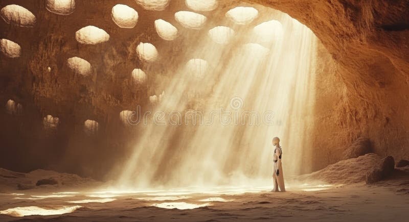 Desert Landscape Expedition Features Robot Walker in Cave Exploration ...