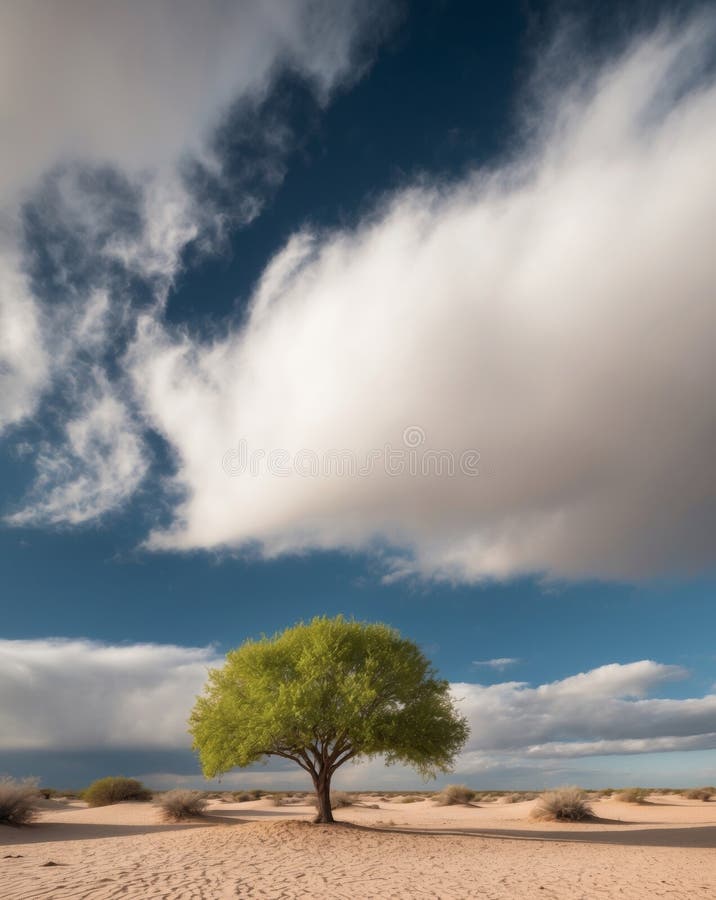 A Desert Landscape Features a Green Tree and a Cloudy Blue Sky in the ...