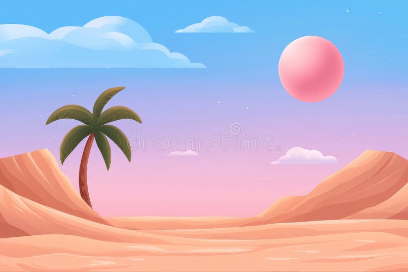 Desert Landscape Featuring a Palm Tree Under a Pink Sky in a Modern ...
