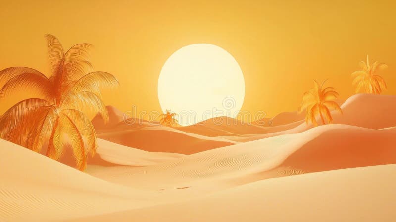 Desert Landscape Featuring Palm Trees Under a Bright Sun in a Clear ...