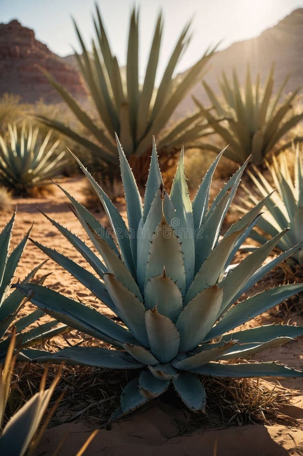 Majestic Desert Agave Plants Basking in Golden Sunlight Stock ...