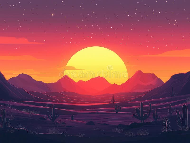 Desert Landscape Flat Design Front View Sunset Theme Animation Vivid ...